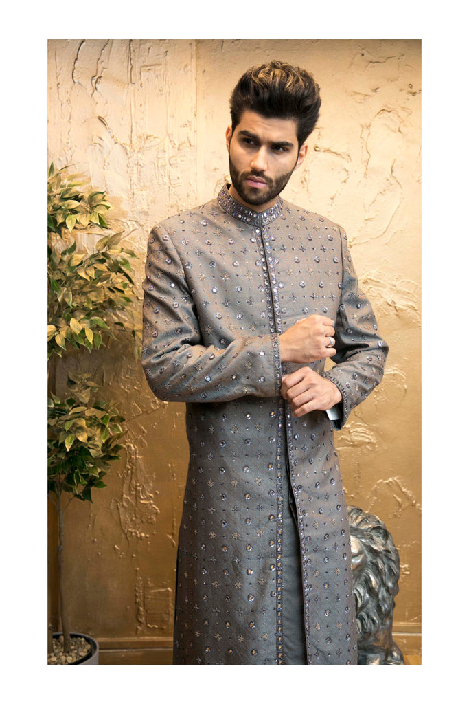 Silver Sherwani with Mirror Embroidery – Sherwanisale.com