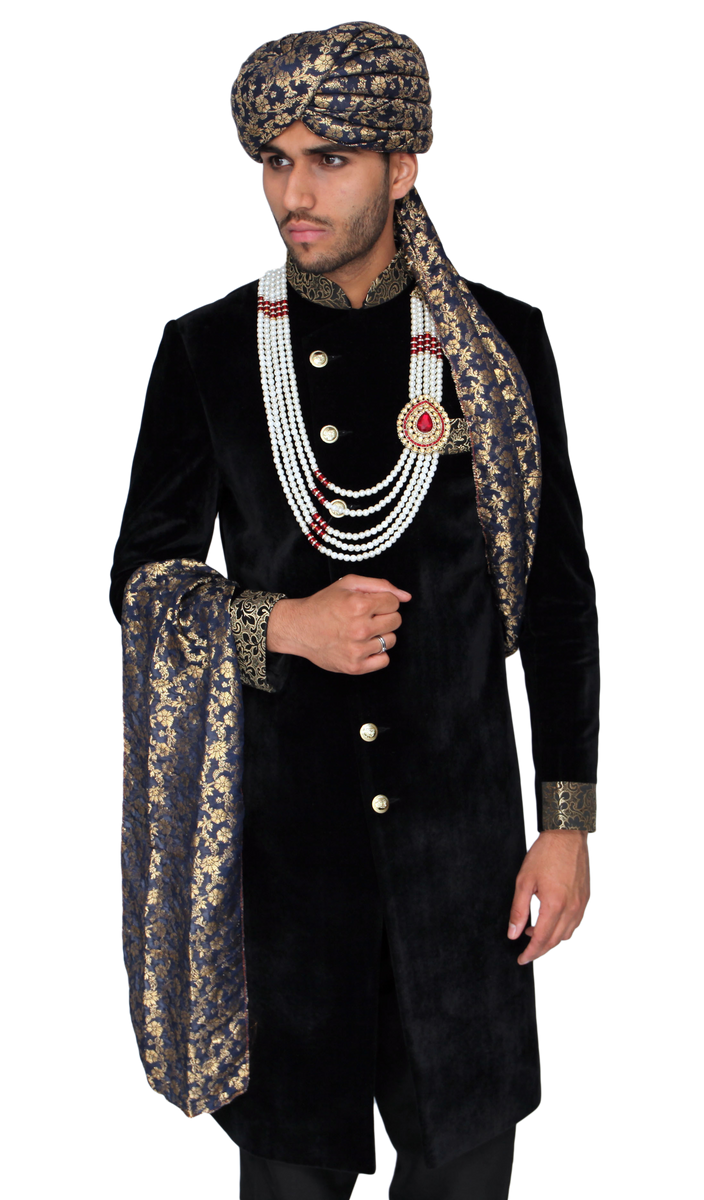 Blue and Gold Brocade Turban Hat with Trail – Sherwanisale.com