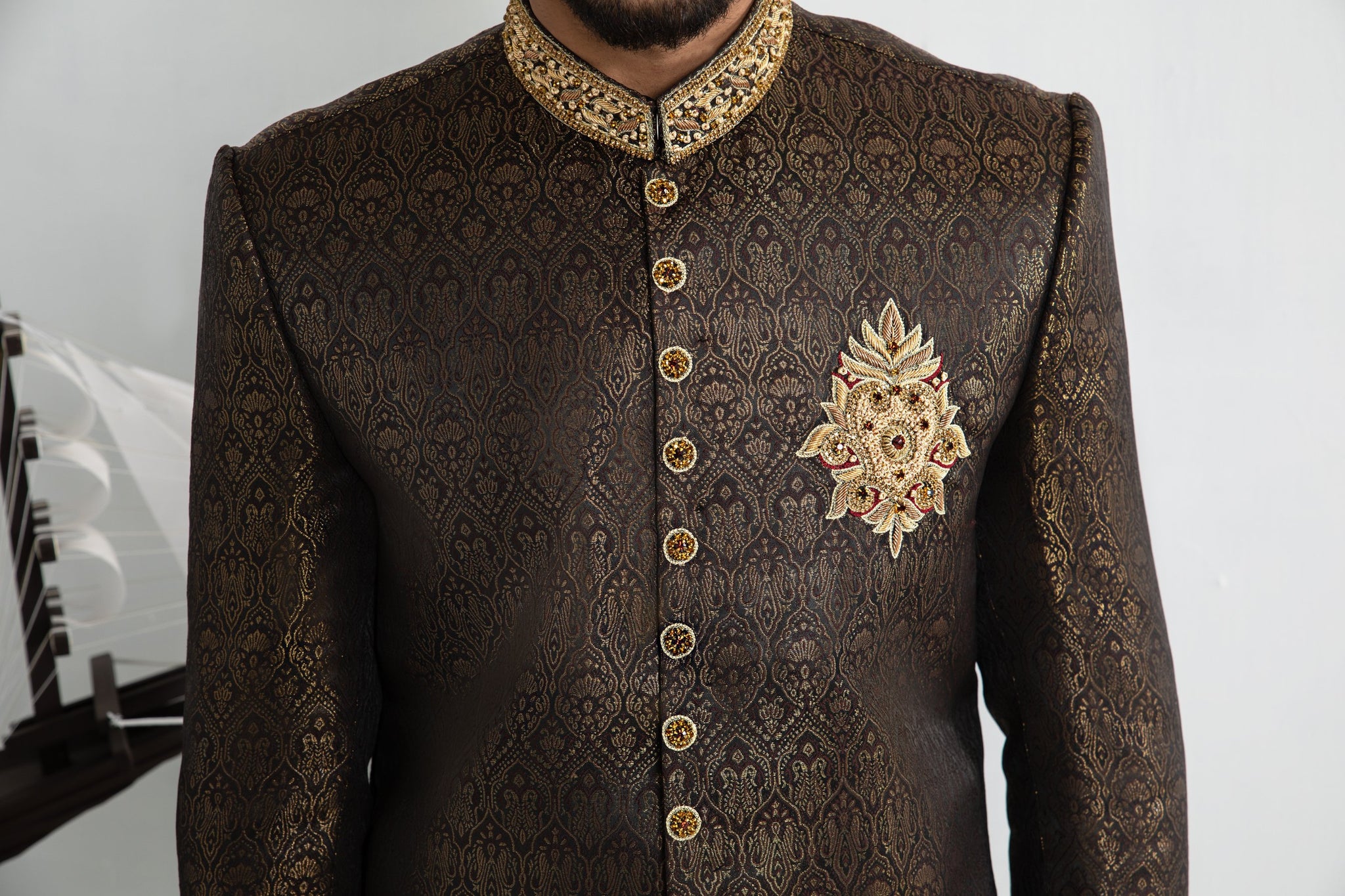 Black and Gold Brocade Pakistani Sherwani – Sherwanisale.com