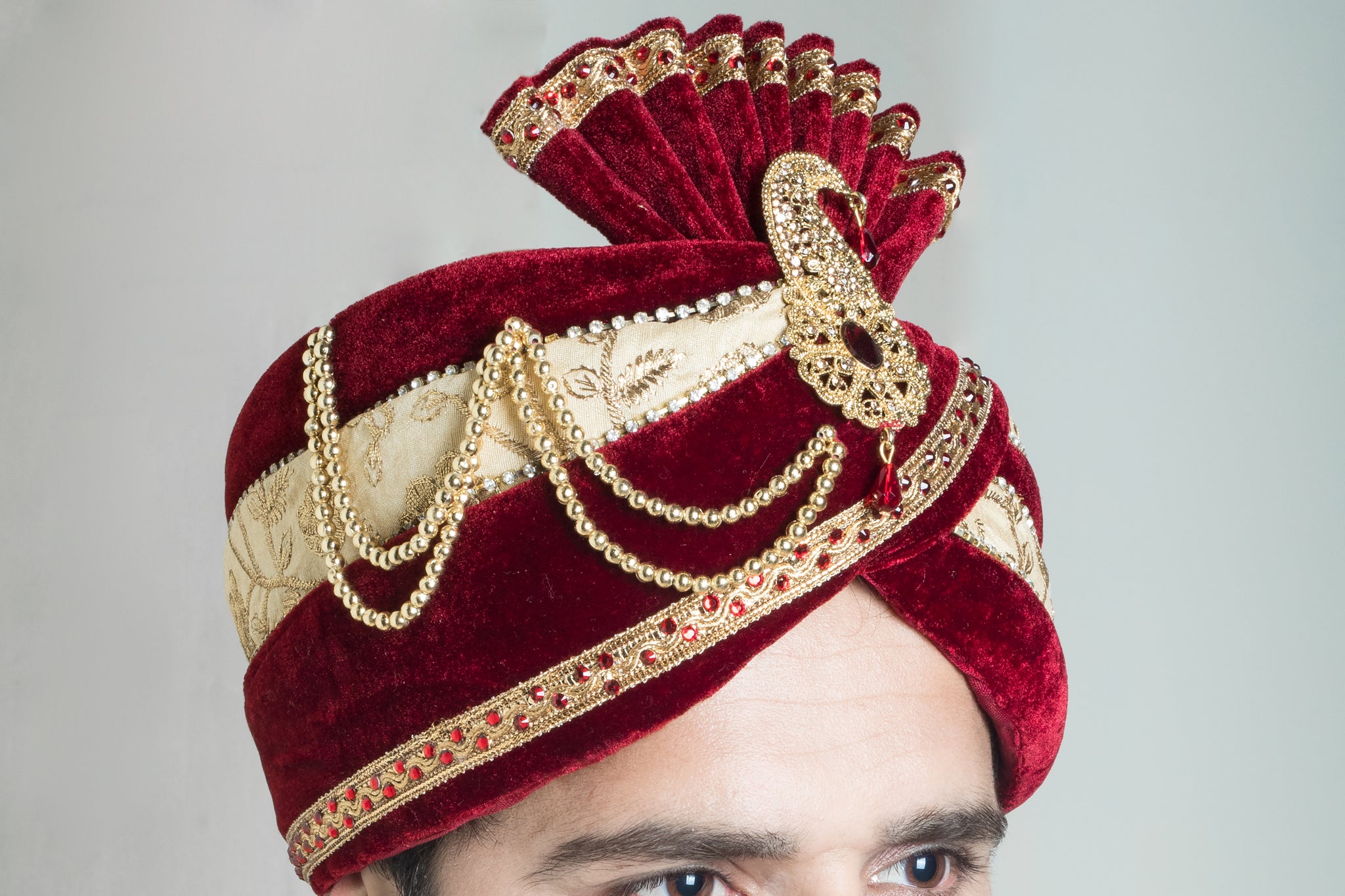 Maroon and Gold Velvet Turban Hat with Trail and Kalgi – Sherwanisale.com