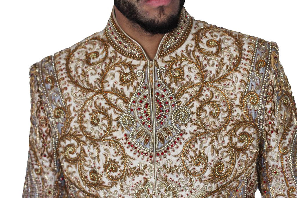 Ivory and Silver Sherwani with Red Gemstones – Sherwanisale.com