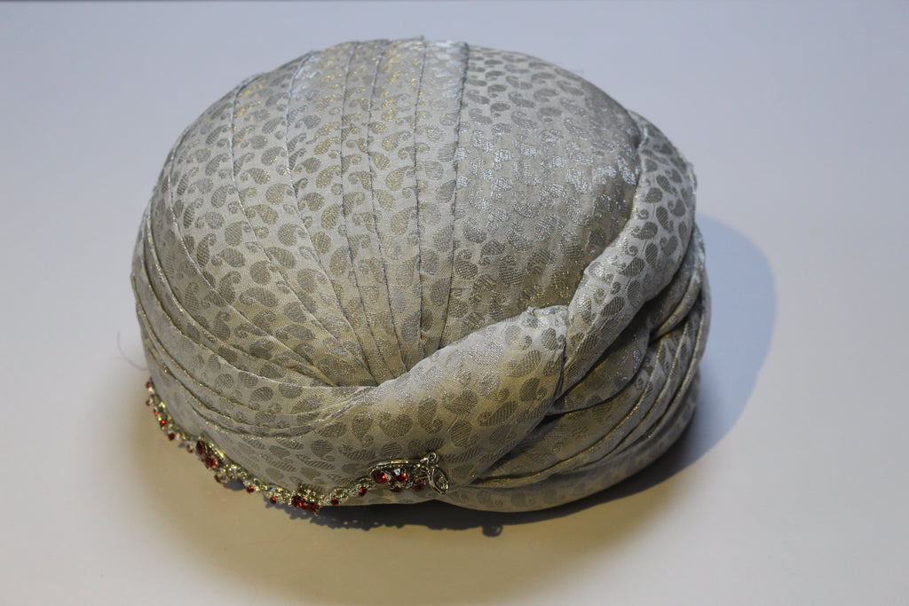 Ivory Silver Brocade Safa Hat with Vine Broach – Sherwanisale.com