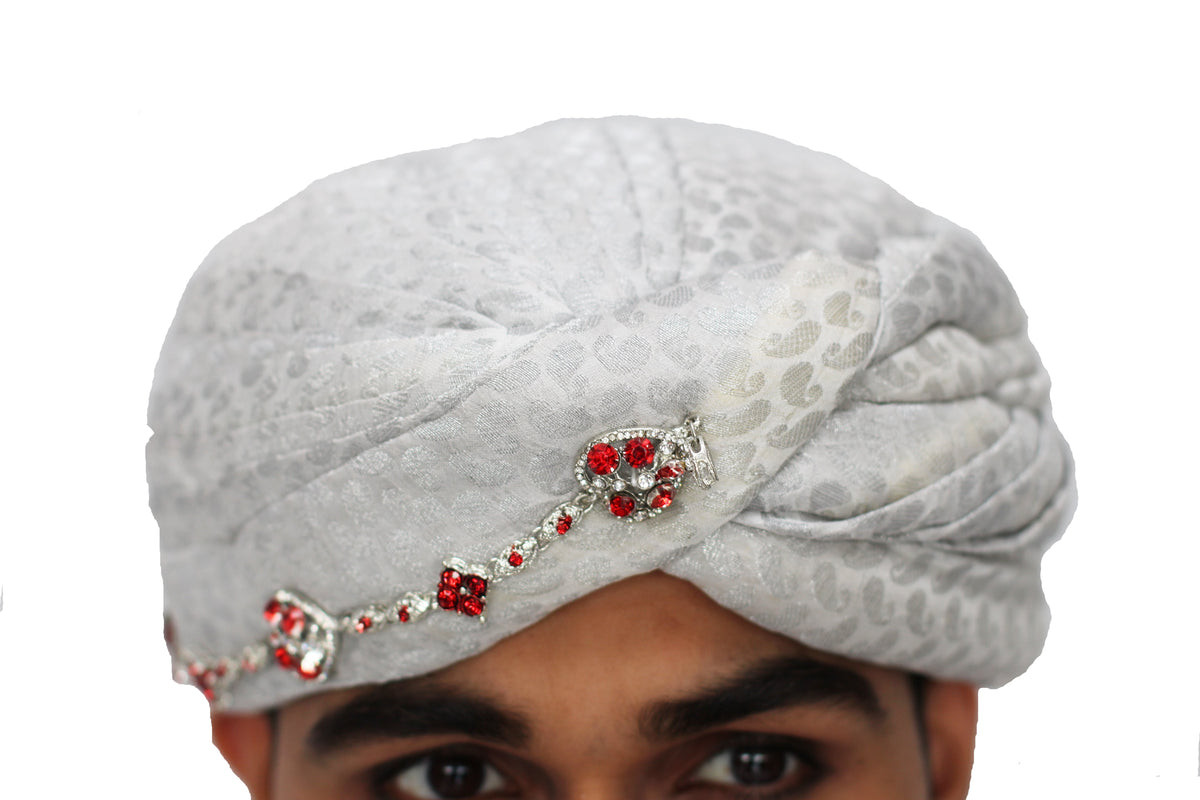 Ivory Silver Brocade Safa Hat with Vine Broach – Sherwanisale.com