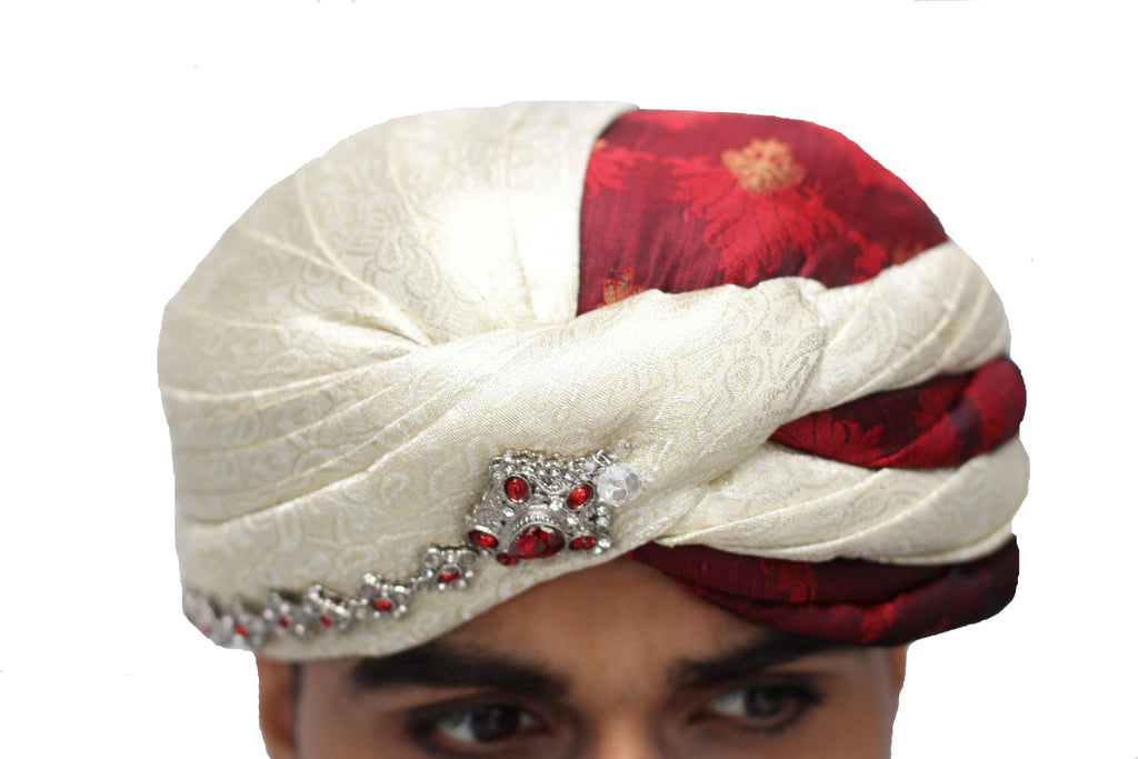 Maroon and Off-White Turban Safa Hat – Sherwanisale.com