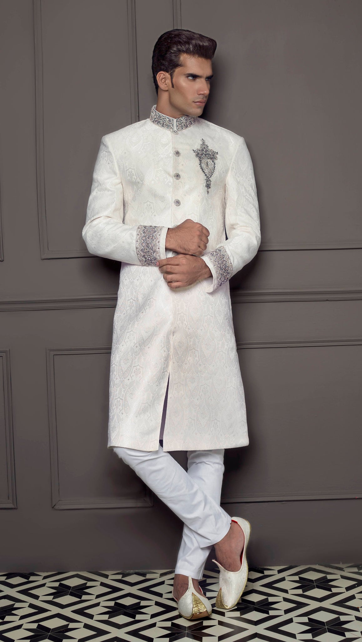 White Sherwani Jacket with Embroidered Collar and Cuffs – Sherwanisale.com