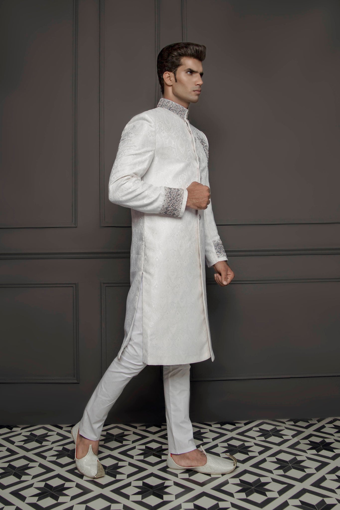 White Sherwani Jacket with Embroidered Collar and Cuffs – Sherwanisale.com